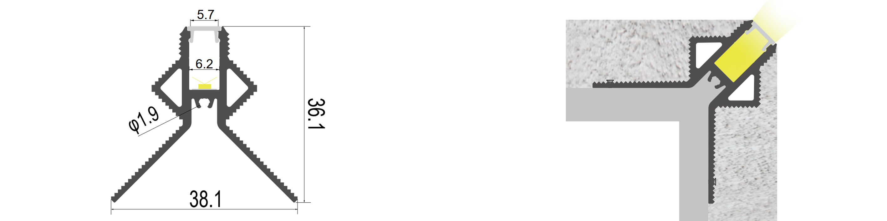 2M External Corner Trimless Aluminium Profile