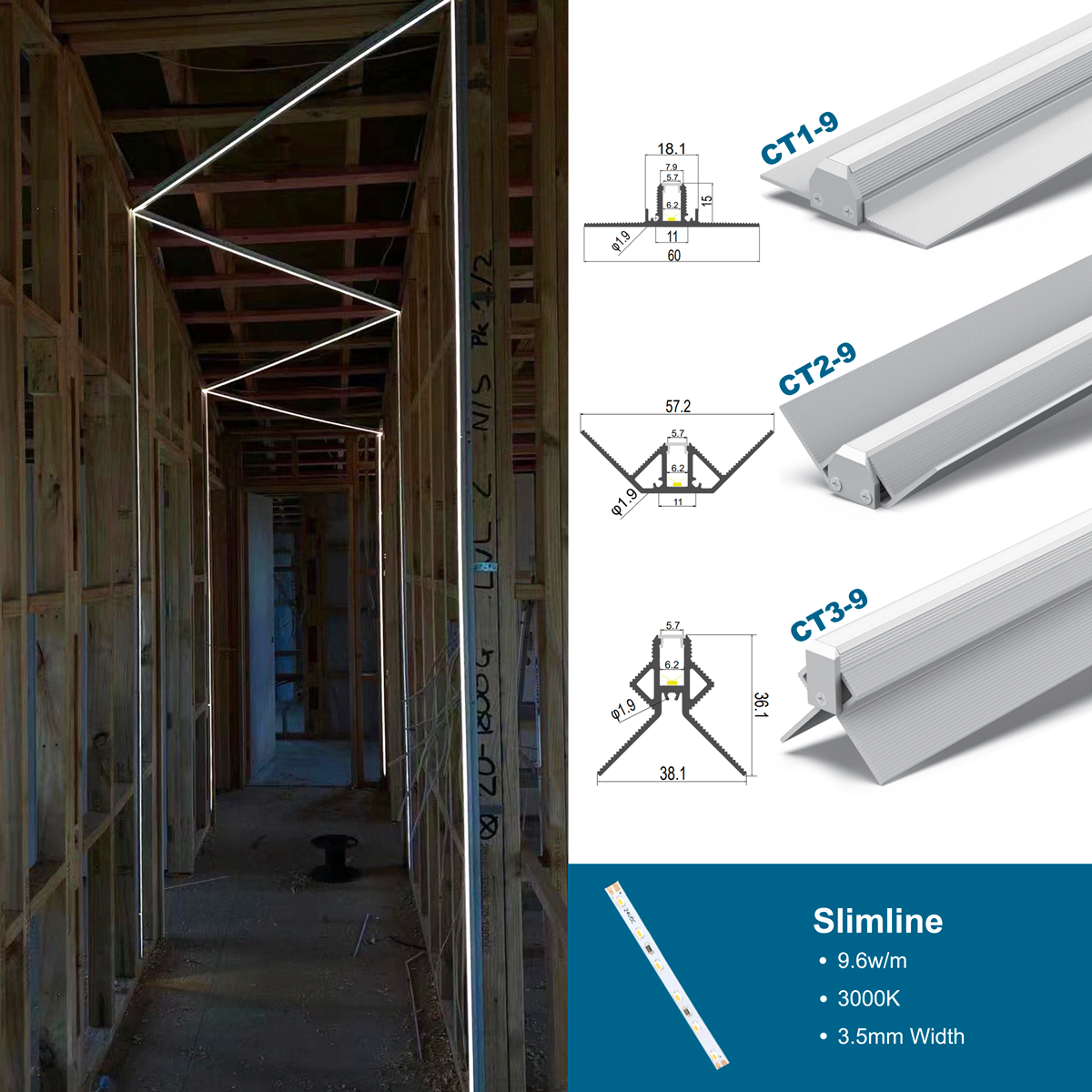 2M Internal Corner Trimless Aluminium Profile
